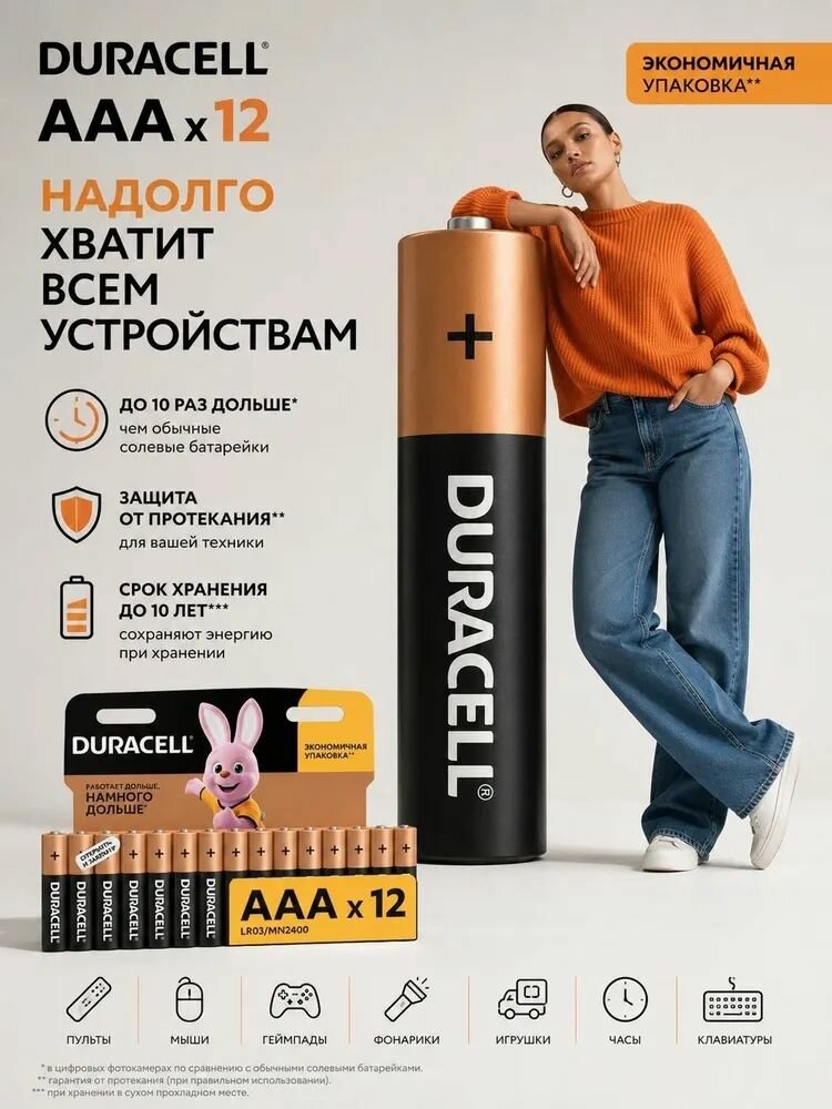 Duracell Батарейка AAA, L (щелочной) тип, 1500 мА•ч, 1,5 В, 12 шт
