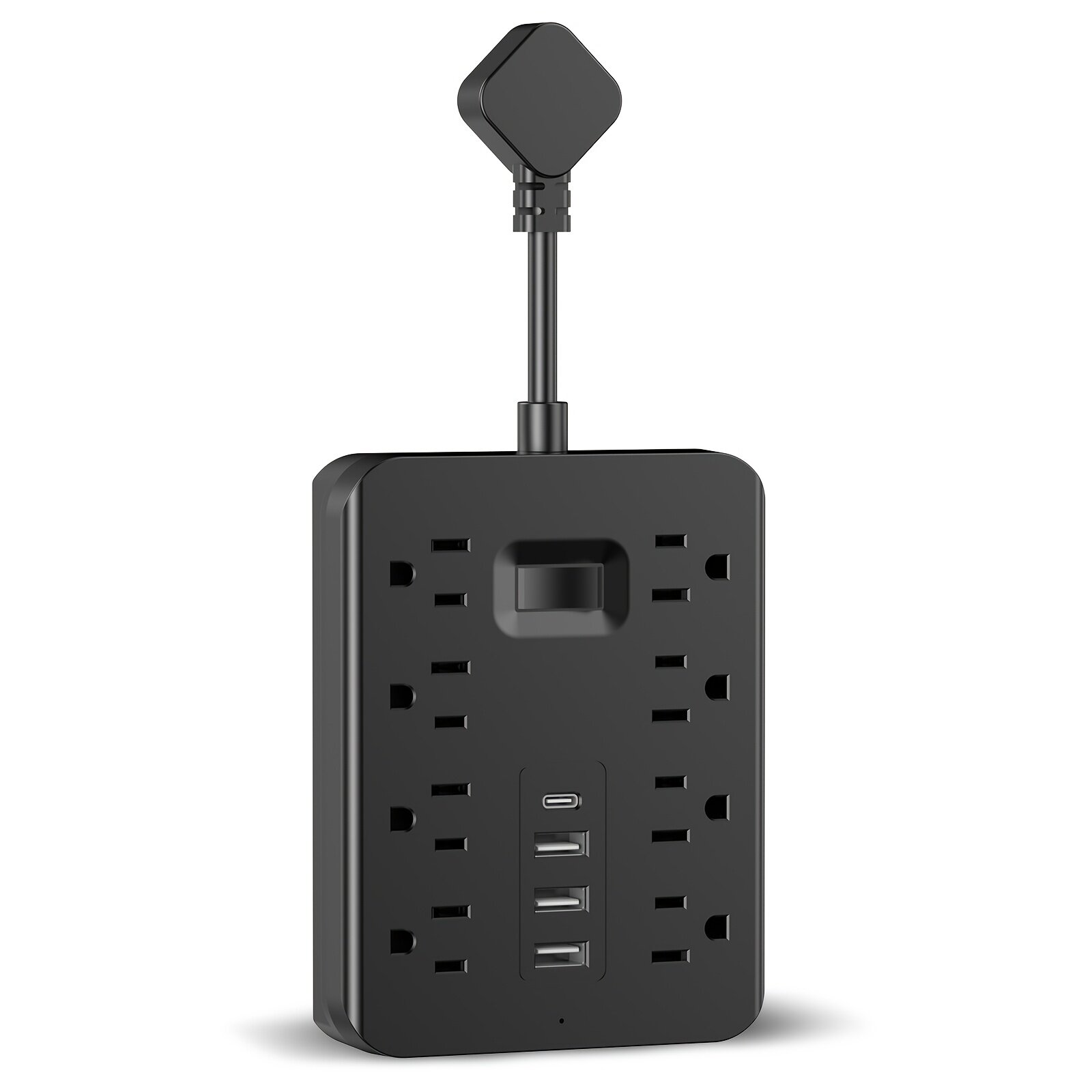 Удлинитель с защитой от перенапряжения 12-в-1, 8 розеток + 4 USB (1 USB-C), 110V/130V, плоская вилка, настенный монтаж, короткий кабель, защита от перегрузки, черный