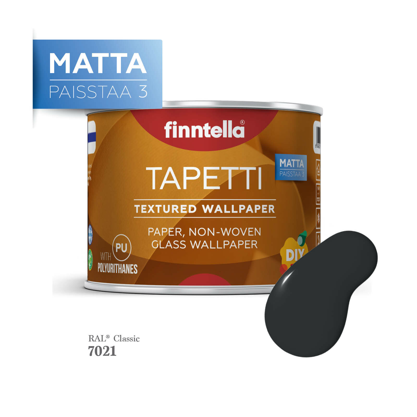 Матовая краска для обоев под окраску TAPETTI Matta FINNTELLA, Цвет RAL 7021 Черно-серый (Black grey), 0,45л