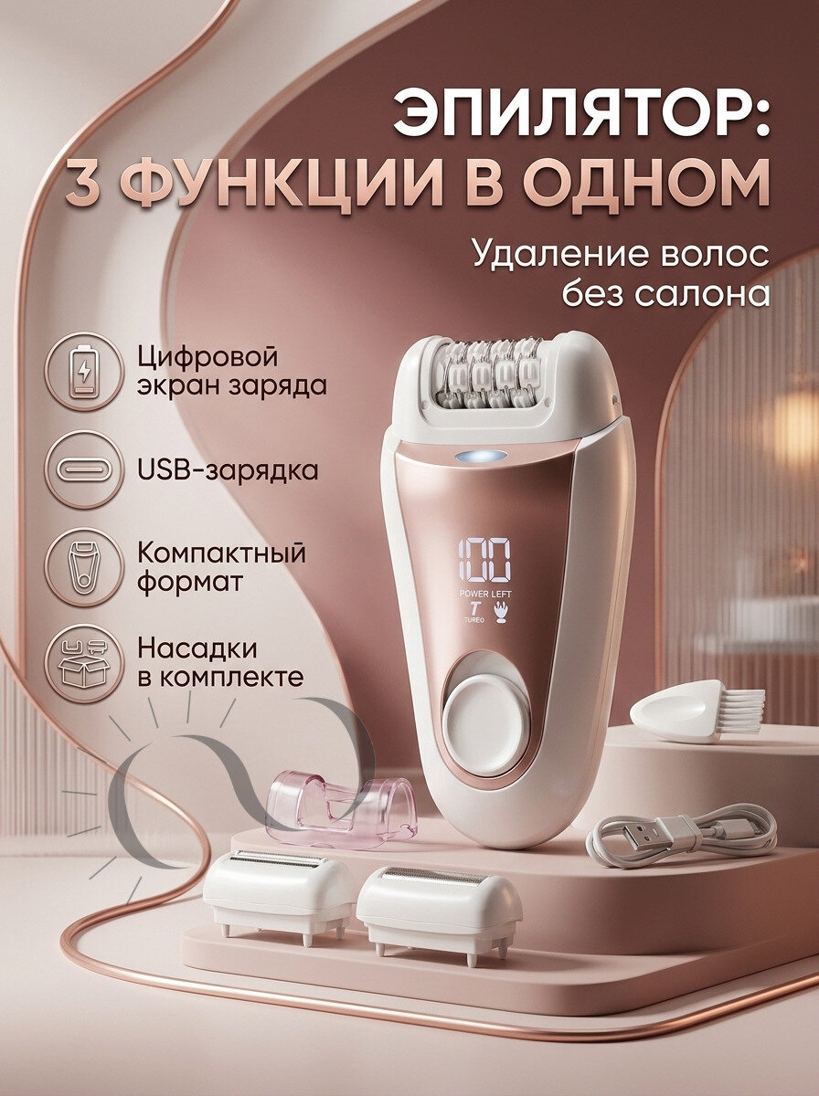 Эпилятор женский, депилятор, электрический, собственный аккумулятор, щетка для очистки, металл, белый