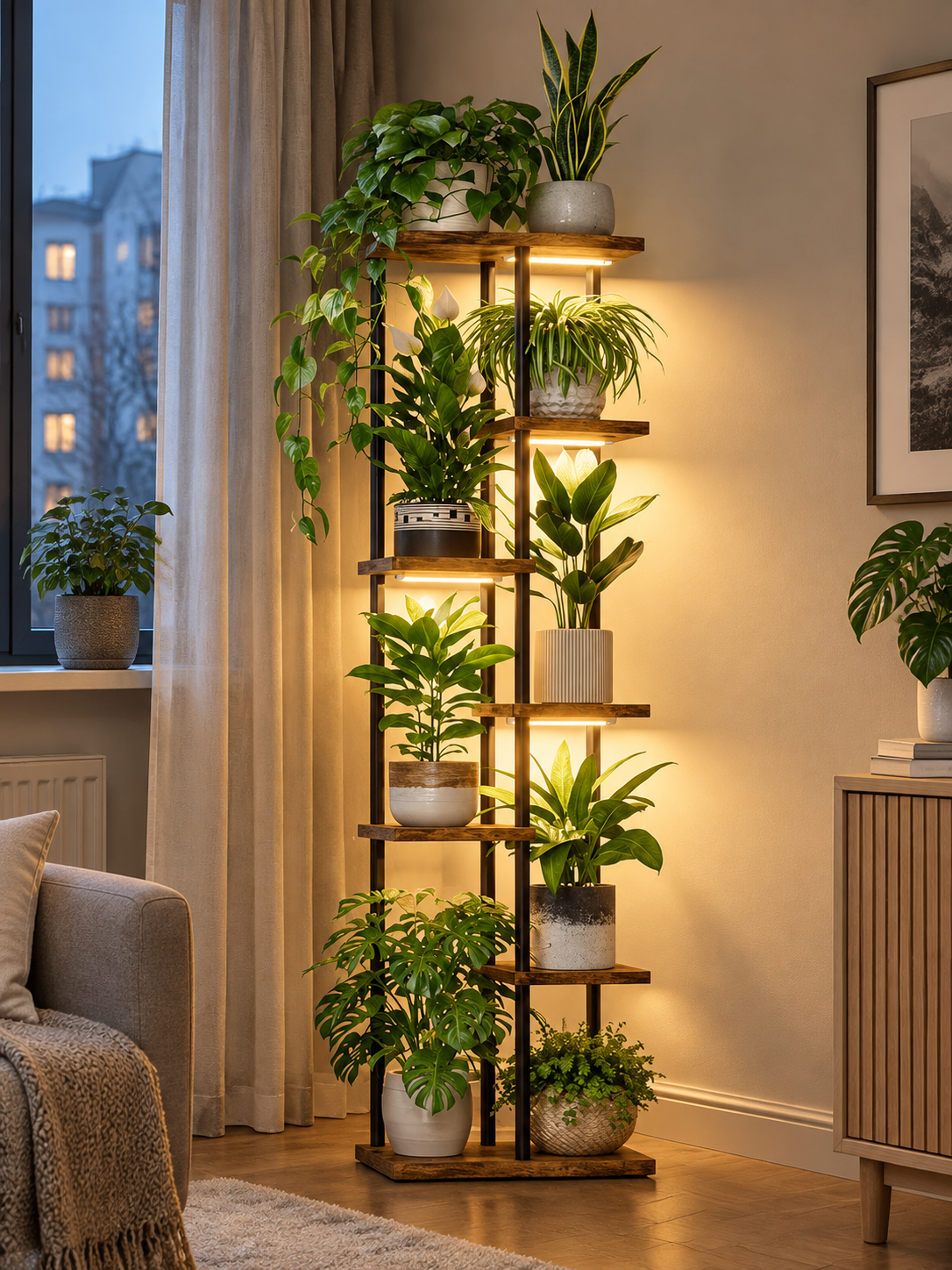Подставка для растений с LED-лампой, 7 ярусов, дерево и металл, напольная, таймер