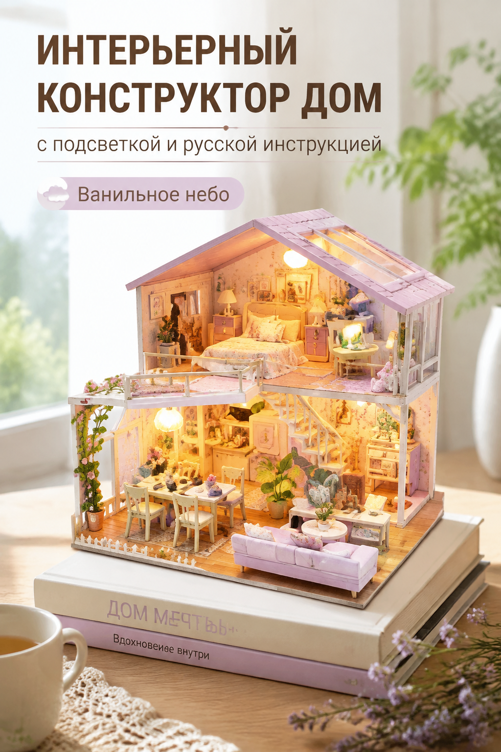Интерьерный конструктор дом с подсветкой и русской инструкцией, цвет Ванильное небо