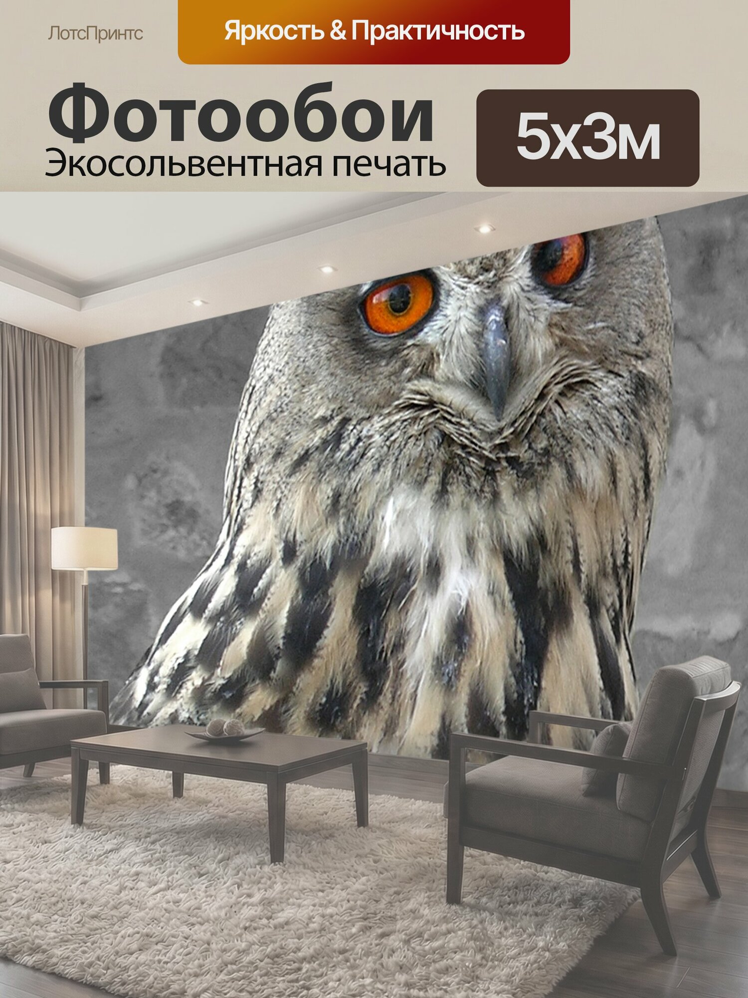 Фотообои "Зрелище Филин с высоты птичьего полета. птицы добычу сова перья клюв глаз коричневый черный оранжевый серый Raptor" 500x300 см. экосольвентная печать