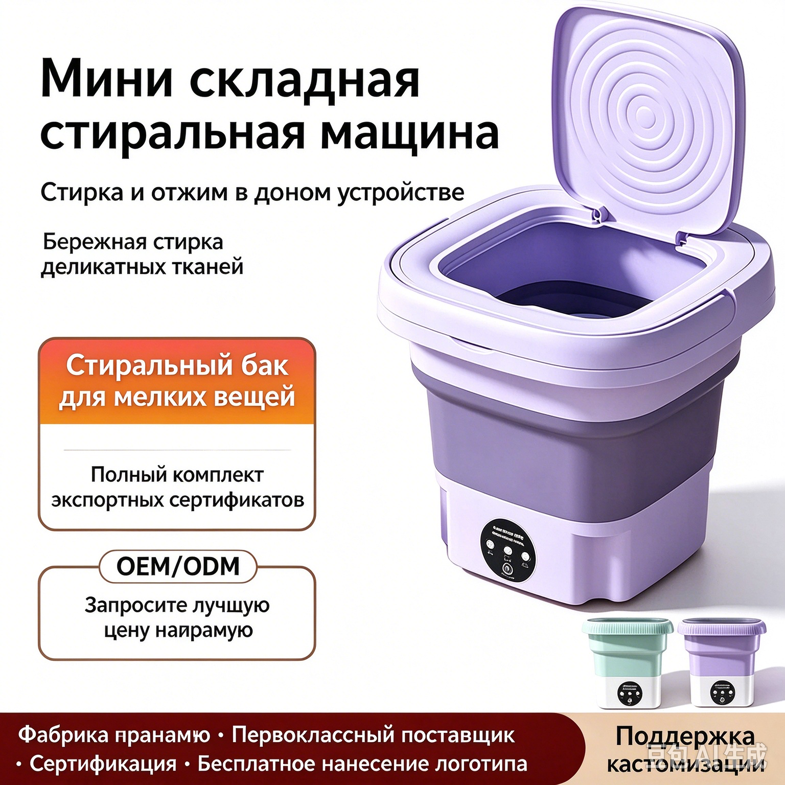 Складная мини-стиральная машина 9l, мятный зелёный, европейский размер, мощность 80w, вес 1,39 кг, включая корзину битумной воды и синий свет