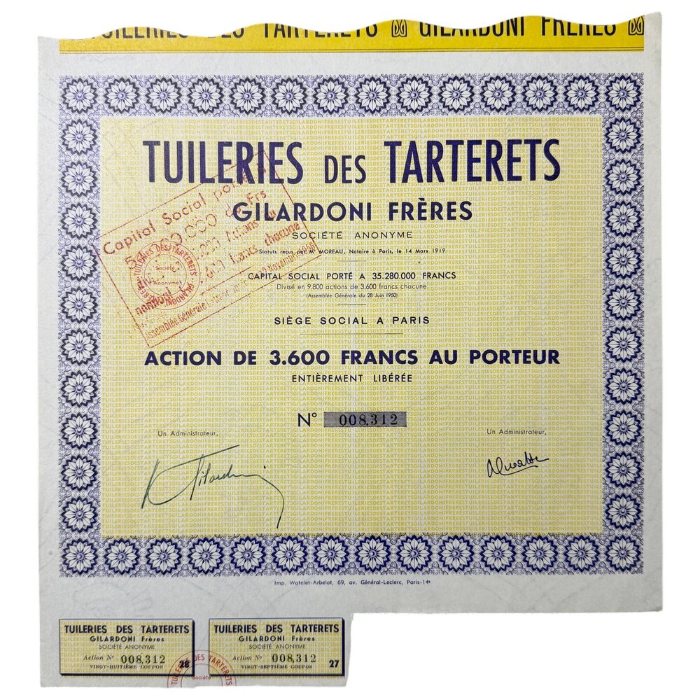Франция, Tuileries des Tarterets Gilardoni Freres, сертификат на 1 акцию 1950 г.