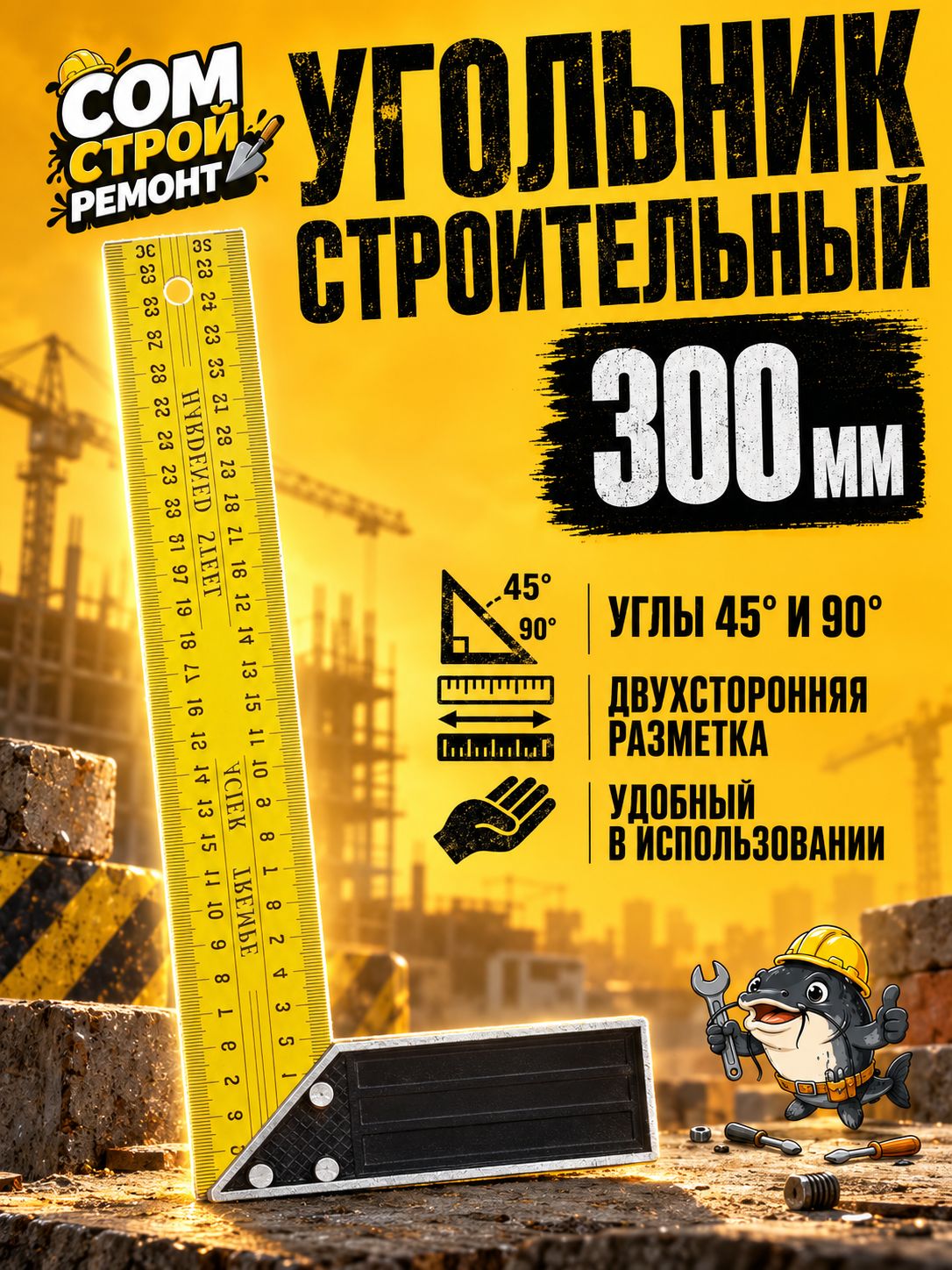 Угольник строительный металлический 300 мм - уголок столярный, линейка для разметки, измерения углов и точной работы при