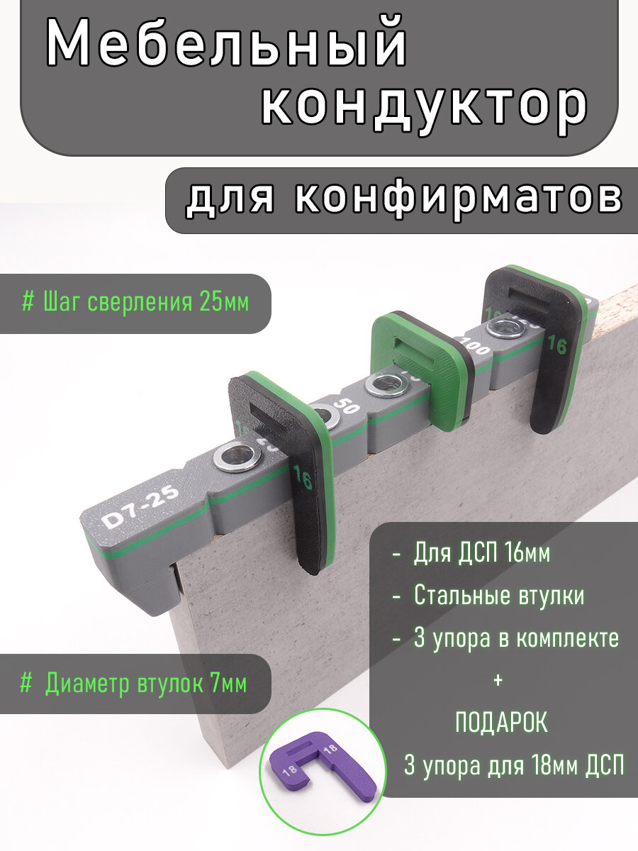 Мебельный кондуктор для конфирматов, для сверления отверстий с втулкой 7мм и шагом 25мм.