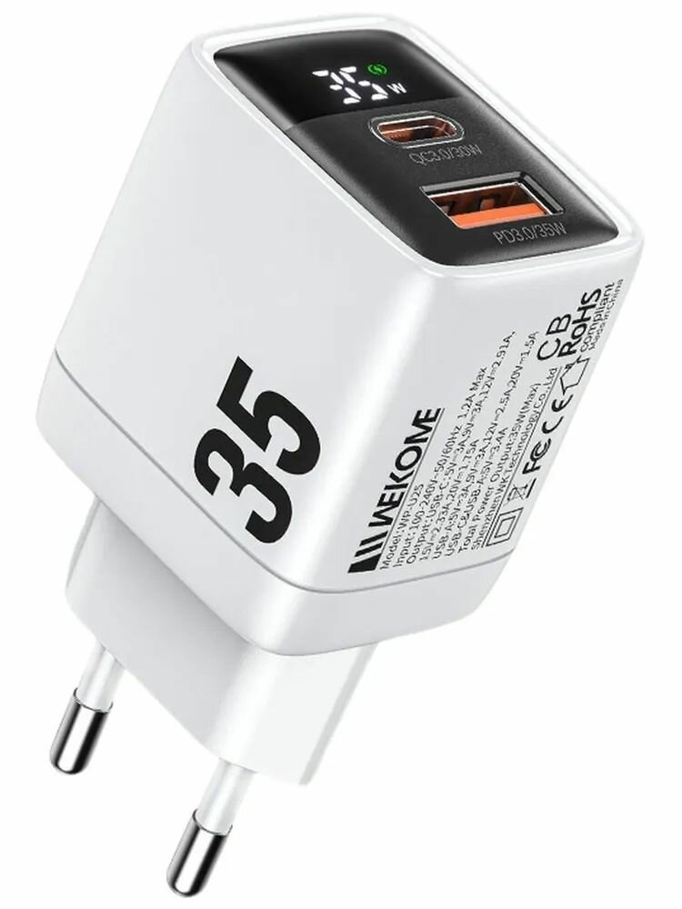 Быстрое зарядное устройство WOKEME WP-U36 35W Mini Charger 1xUSB Type-C, С индикацией мощности, GaN, 35 Вт, Белый