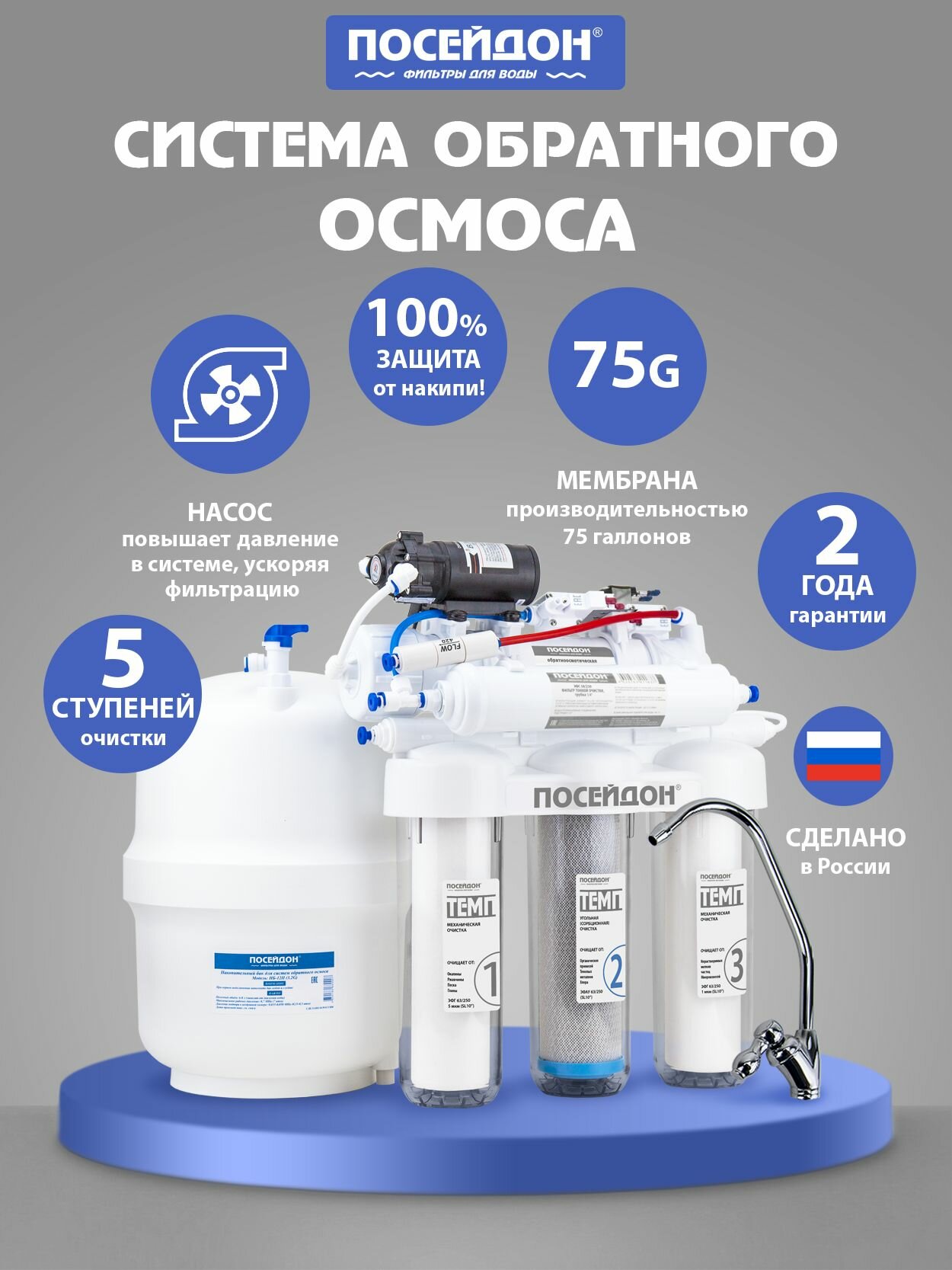 Посейдон. Система обратного осмоса с насосом мембрана 75g. Фильтр для воды с обратным осмосом с насосом