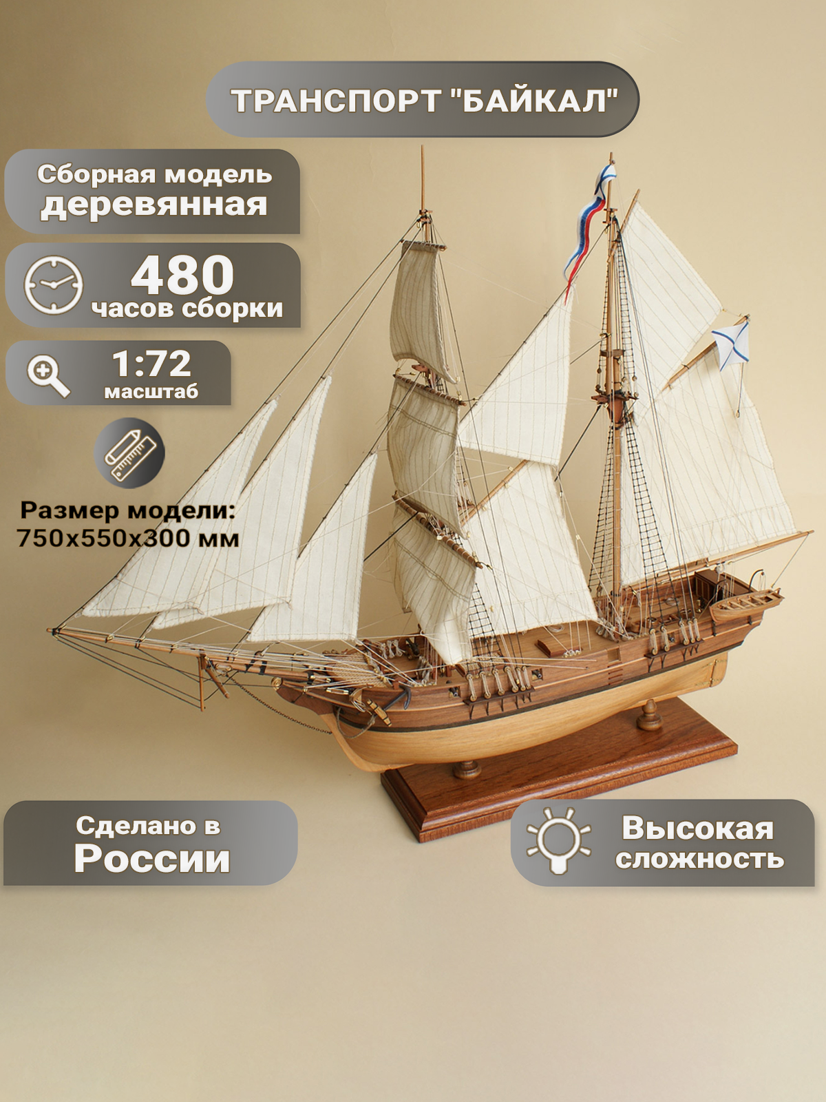Транспорт "Байкал" 1849 год, 480 часов, 750х550х300 мм, сборная модель парусного корабля для начинающих, М.1:72, Россия