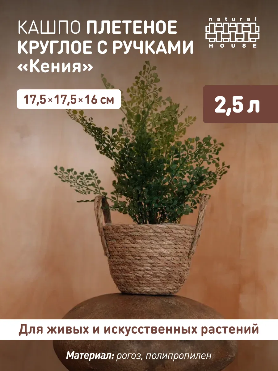 Кашпо для цветов круглое с ручками Кения Natural House, 2,5 л / Плетеное кашпо для декора интерьера / цвет: натуральный