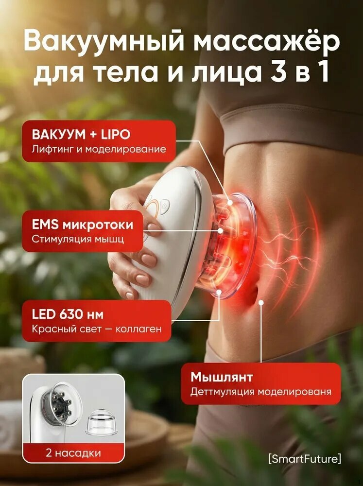 Вакуумный массажёр 3в1 EMS+LIPO+LED антицеллюлитный для тела и лица 1400мАч