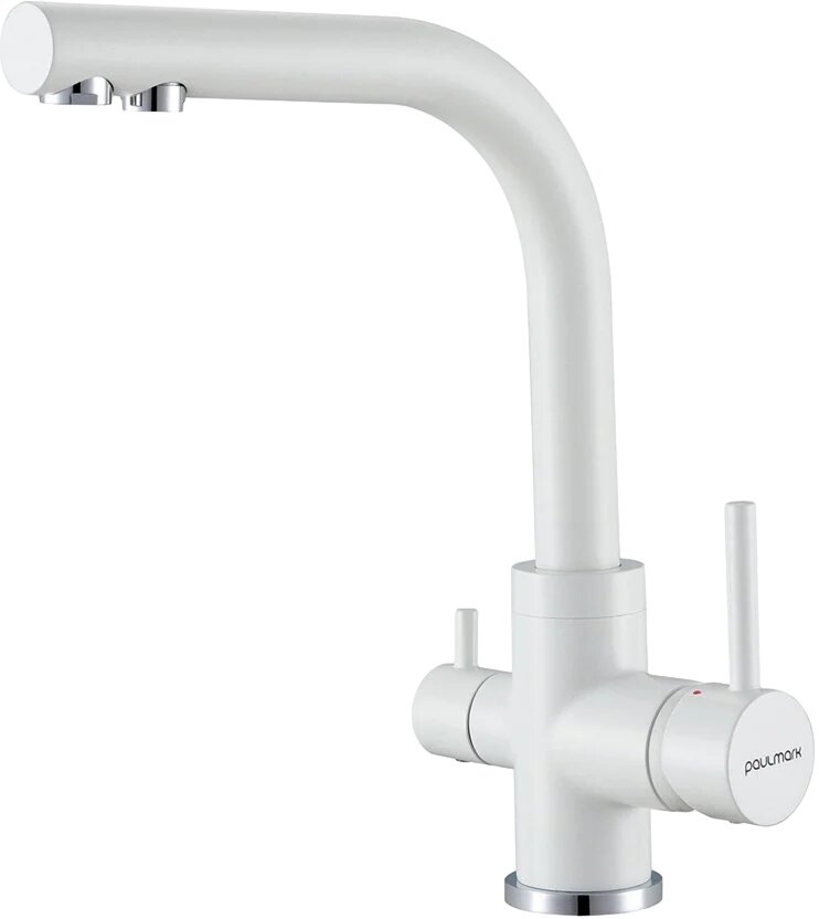 Смеситель для кухни Paulmark Essen Es213011-WH с краном для питьевой воды, с поворотным изливом, белый, матовый, однорычажный, латунный, с керамическим картриджем