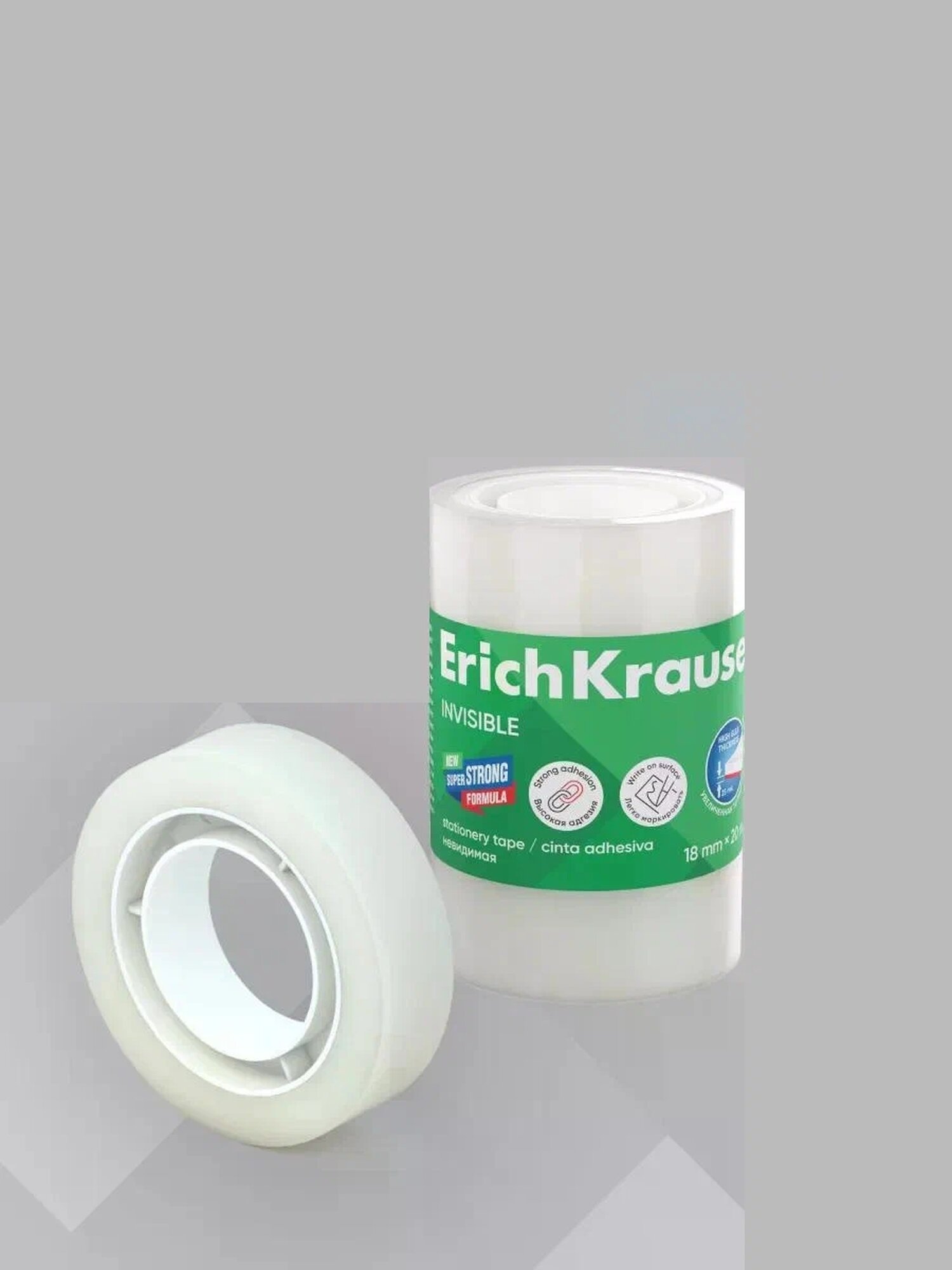 Клейкая лента ErichKrause Invisible, 18 мм × 20 м, прозрачная, с матовой поверхностью
