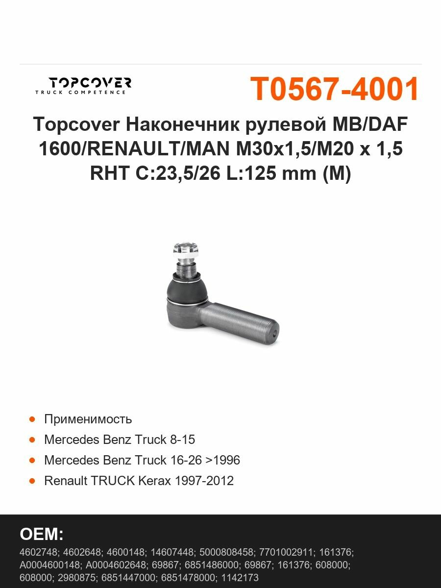 Topcover Наконечник рулевой MB/DAF 1600/RENAULT/MAN M30x1,5/M20 x 1,5 RHT C:23,5/26 L:125 mm (M)