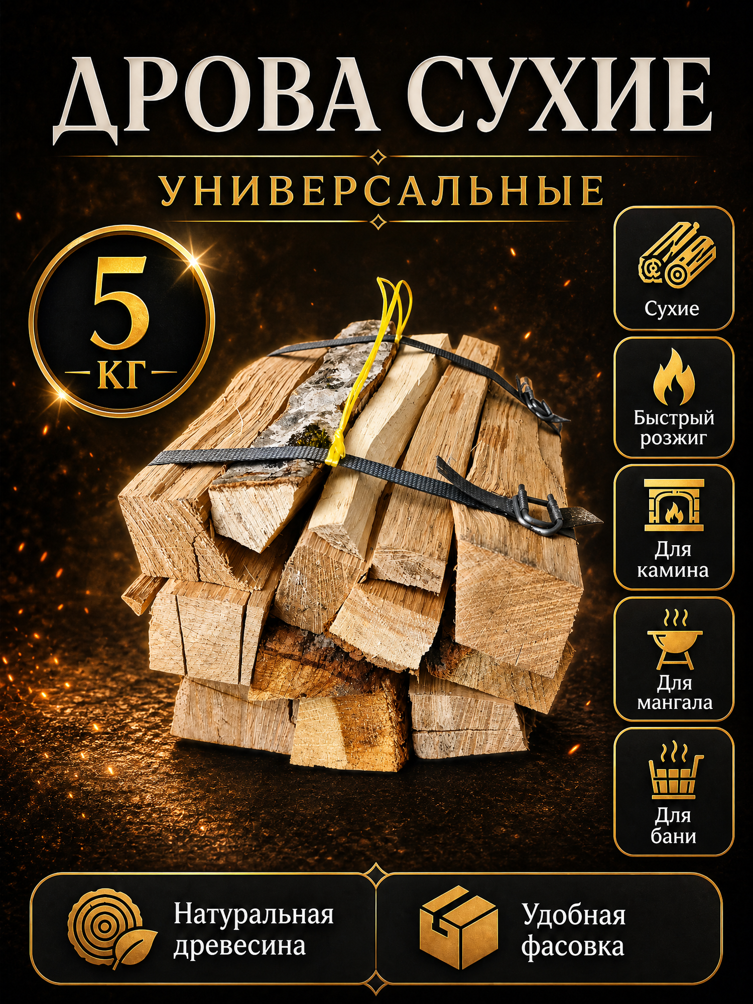 Дрова сухие дуб ясень 5 кг для мангала камина