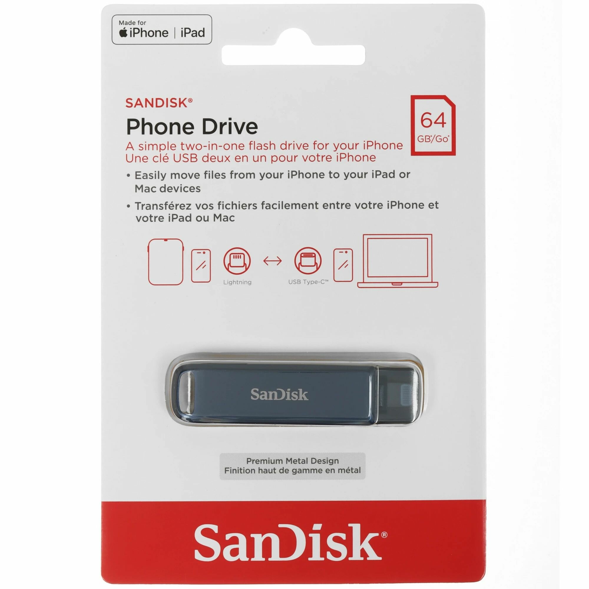 Память USB Flash 64 ГБ SANDISK Phone Drive (SDIXD0N-064G-GN6NN) - USB3.2, Apple Lightning, USB Type-C, чтение до - 90 МБ/с, запись до - 10 МБ/с