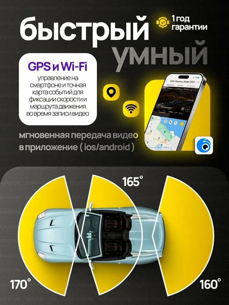 Видеорегистратор Superior Triple Guardian 4К, 3 камеры в 1, с WI-FI, GPS