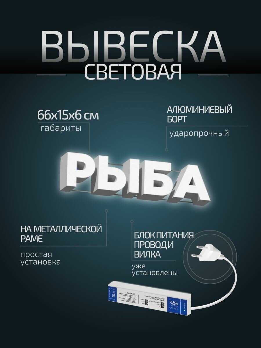 Световая вывеска "Рыба", объемные буквы, размер 66х15х6см, светодиоды класса А