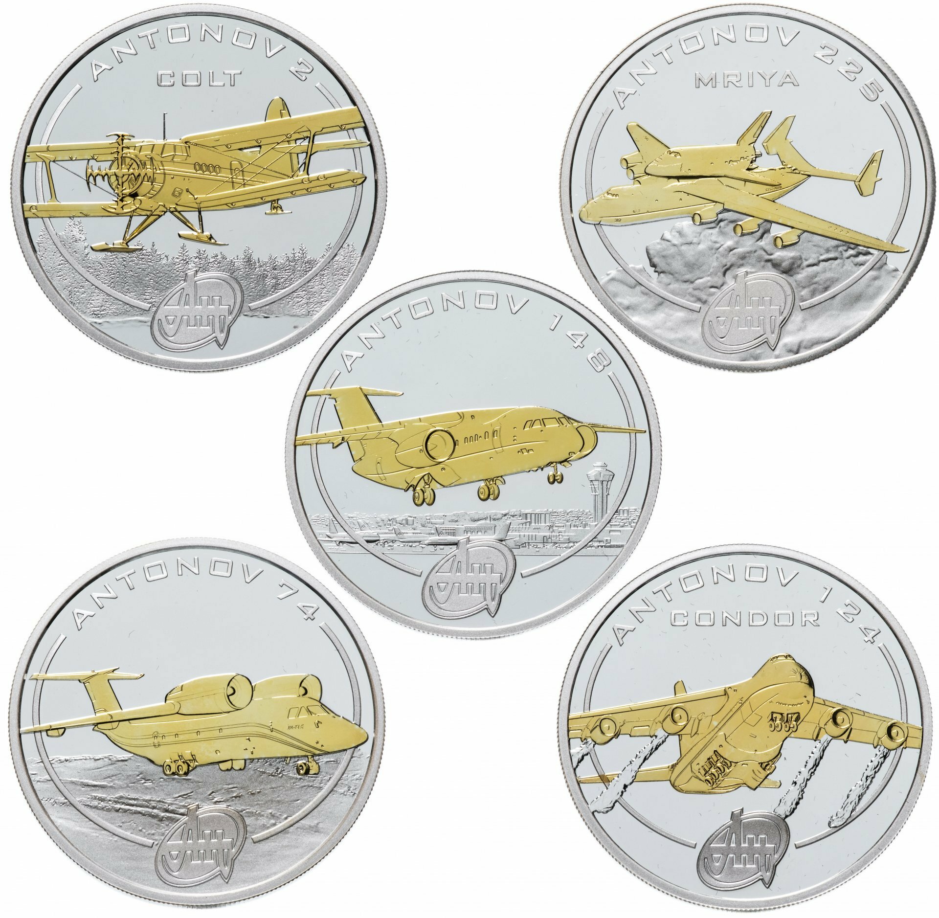 Острова Кука набор 1 доллар 2008 Proof "Самолёты Антонова позолота" из 5 монет в футляре с сертификатом, Серебро 999