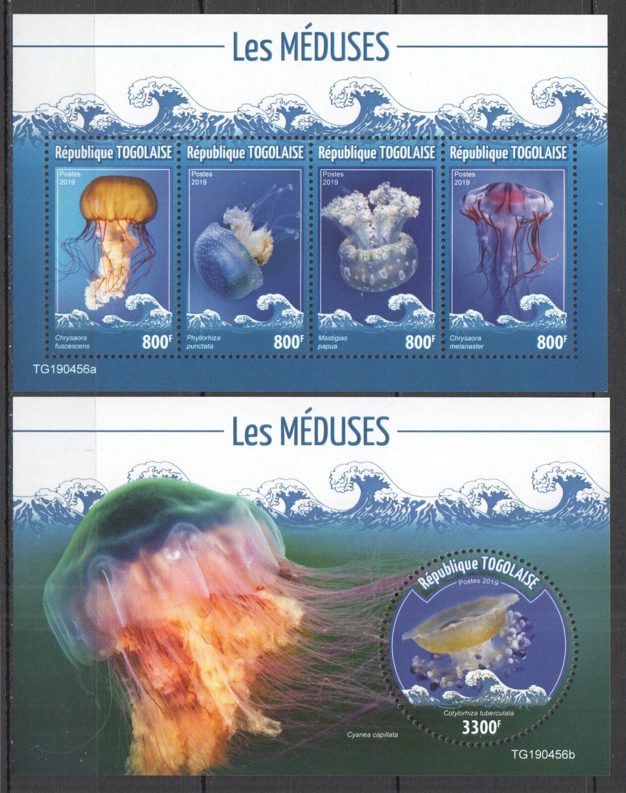 Марки 2019 год Того Медузы Морская жизнь Фауна #7506-7509+Bl1729 Mnh