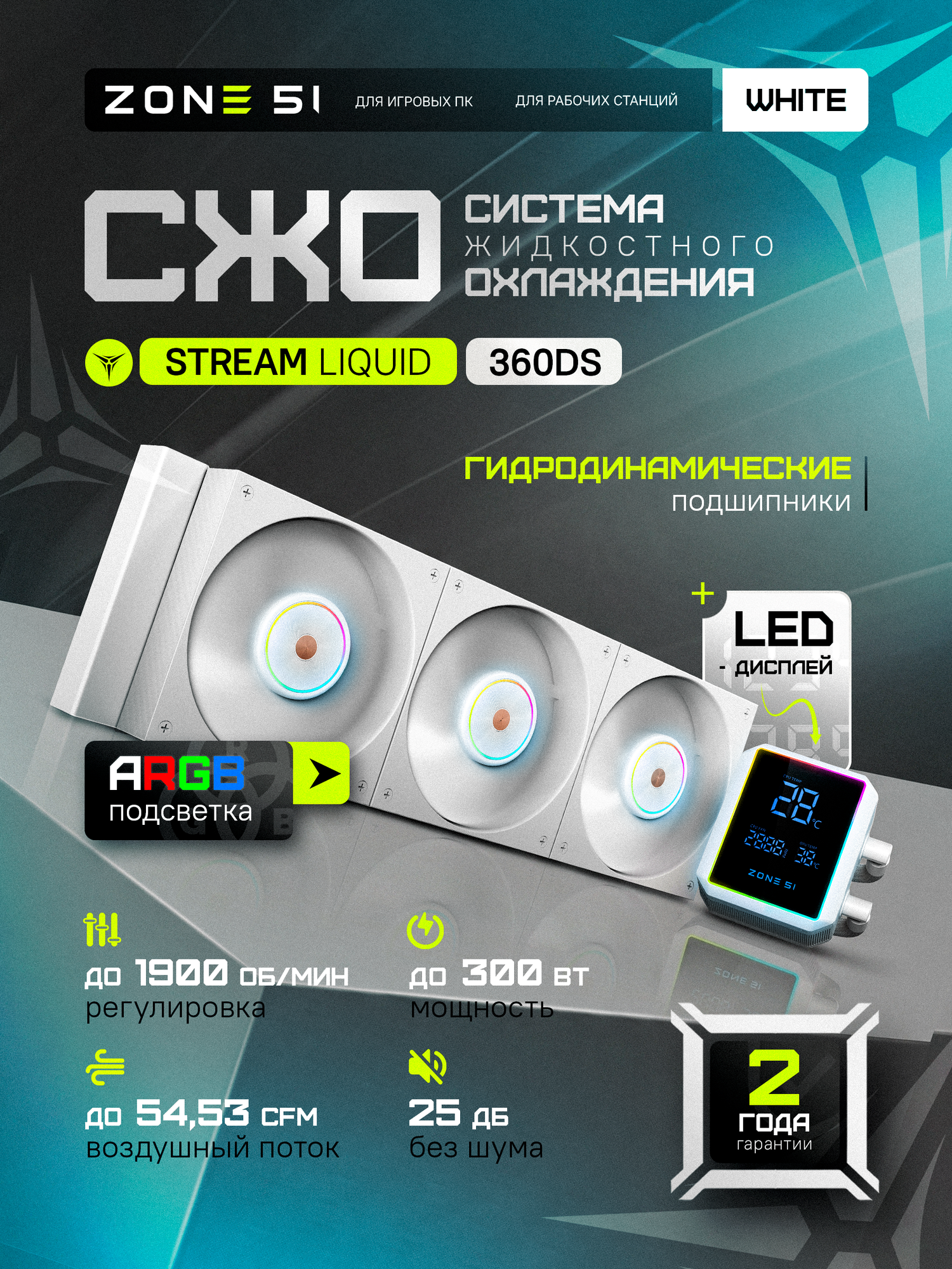 Система жидкостного охлаждения ZONE 51 STREAM Liquid 360DS White ARGB