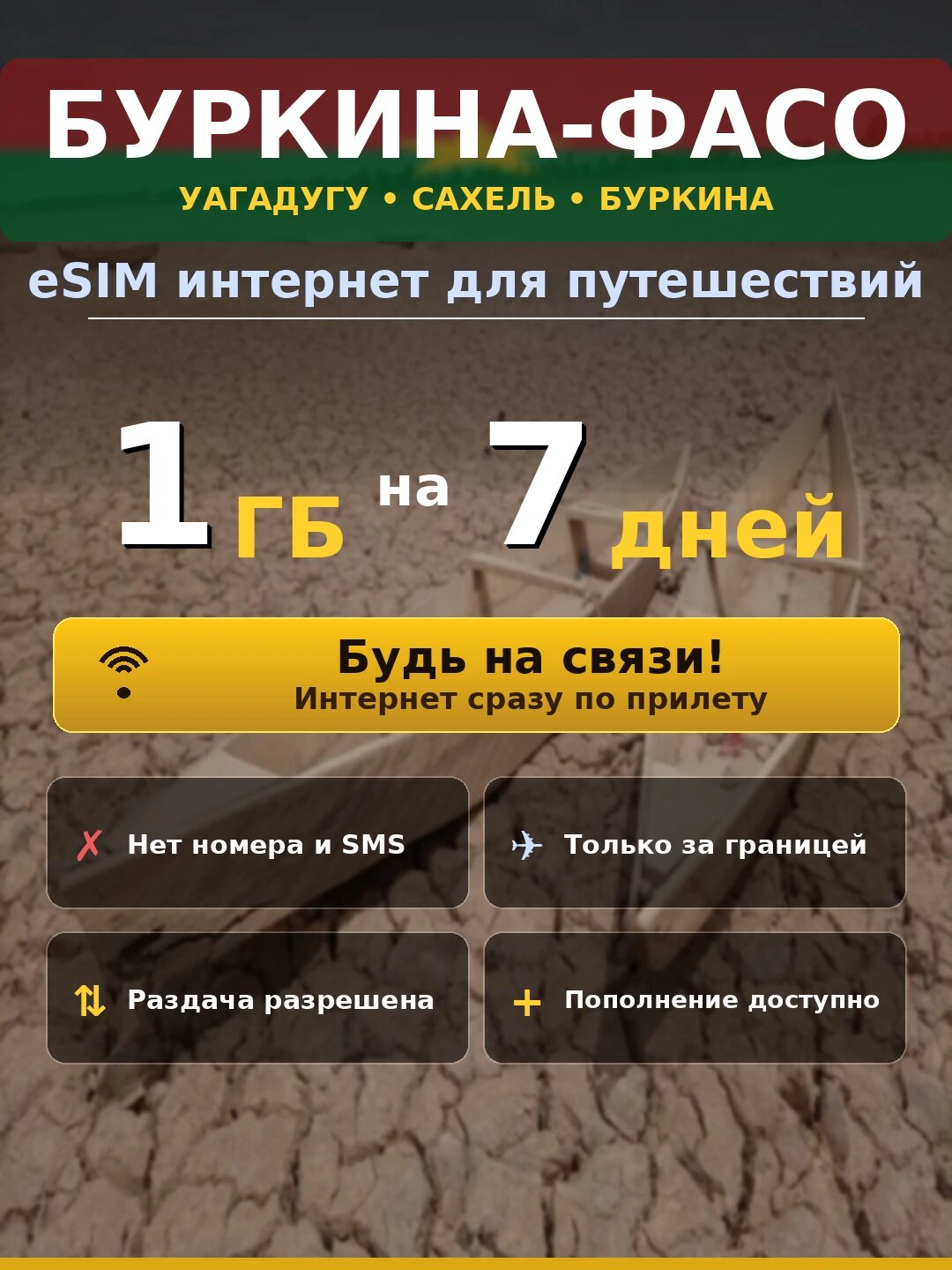 ESIM Буркина-Фасо — мобильный интернет 1 ГБ на 7 дней | виртуальная SIM-карта для путешествий