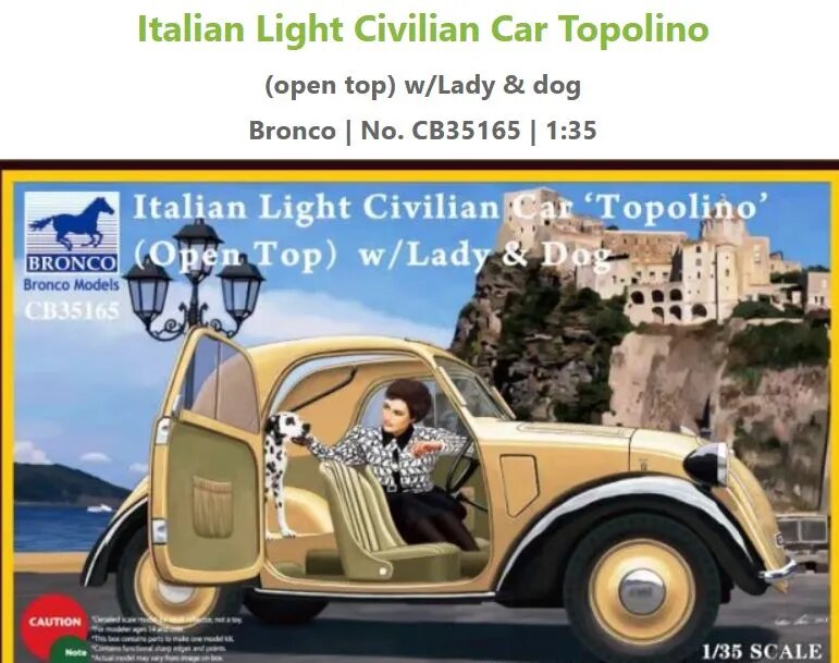 Bronco 1/35 35165 Итальянский легкий гражданский автомобиль "Topolino" (открытый верх) с леди