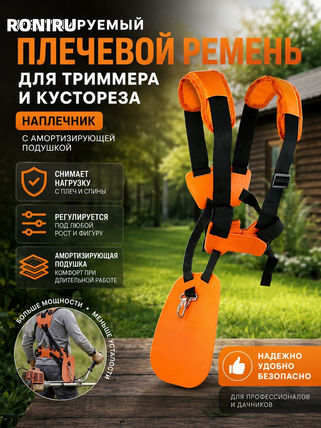 Регулируемый плечевой ремень для триммера и кустореза — наплечник с амортизирующей подушкой, оранжевый нейлон!