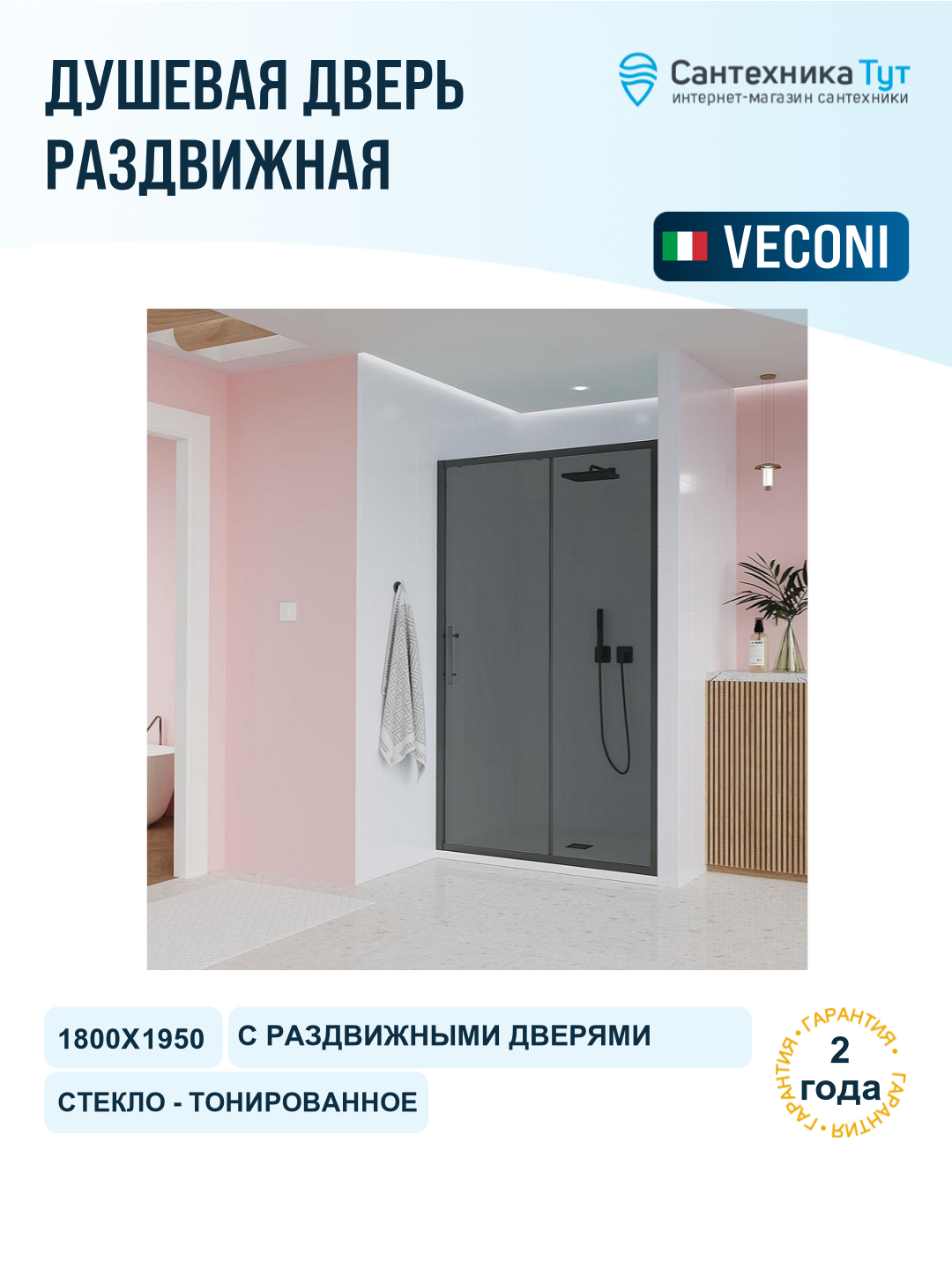Душевая дверь Veconi Evo 100 GR 180 E1-GR-180-12-C9 профиль цвет Брашированный графит стекло тонированное матовое