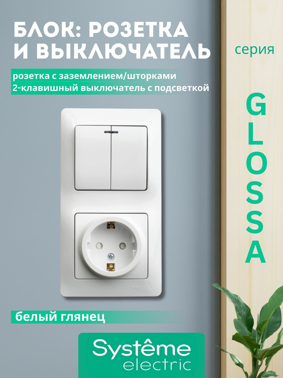 GLOSSA блок: Розетка с заземлением со шторками + 2-клавишный выключатель с подсветкой белый Systeme Electric GSL000175