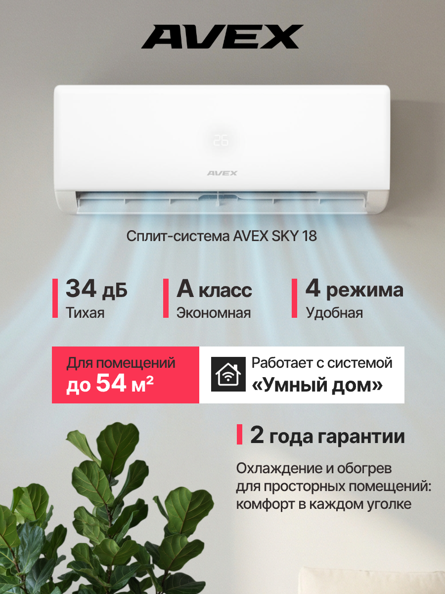 Сплит-система AVEX SKY 18, кондиционер 18 для дома настенный, зима, лето, для помещений до 54 м², цвет белый