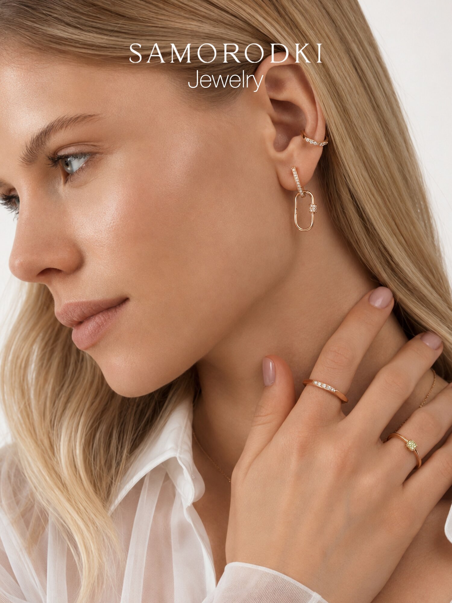 Кольцо на фалангу, обручальное SamoroDki Jewelry, серебро, 925 проба, золочение, фианит, размер 16, ширина 2.7 мм, бесцветный/позолоченное серебро — фото 1