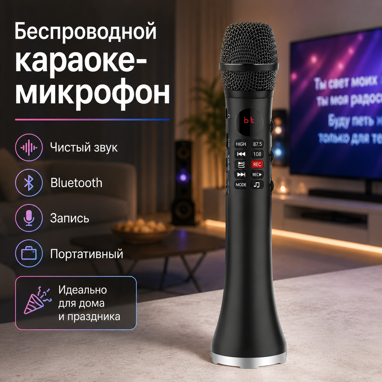 Караоке микрофон 20W, беспроводной, Bluetooth, микрофон-колонка, для вокала, караоке, презентаций, черный
