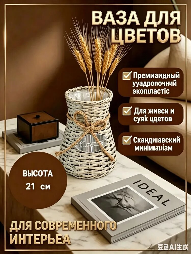Ваза 21 см, ABS пластик, Ротанг, ручная работа, для современных интерьеров