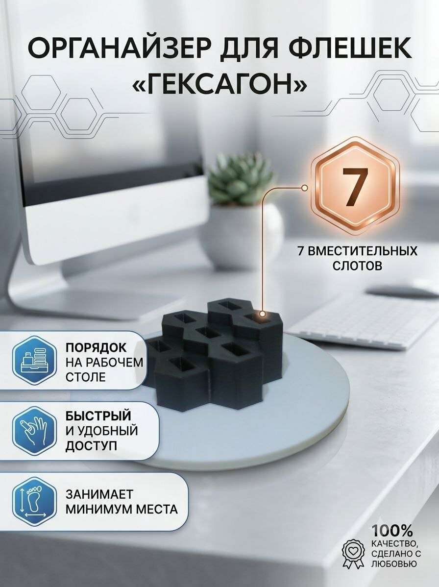 Органайзер для флешек "Гексагон" на 7 USB накопителей, настольная геометрическая подставка