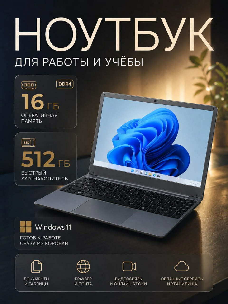 Ноутбук для работы 14", 16 Гб, 512 Гб, FlashBook E140J, Windows 11
