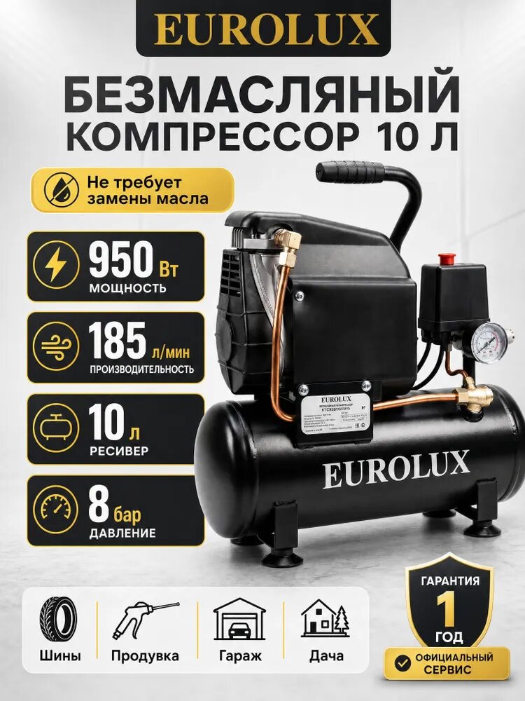 Компрессор безмасляный 10л воздушный 220В 185л/мин, КП-Е96185/10Ч Eurolux