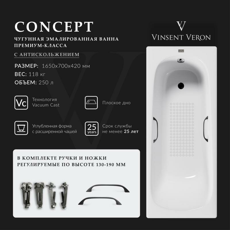 Vinsent Veron Чугунная ванна Concept 165x70x42 с квадратными черными матовыми ручками и антискользящим покрытием VCO1657042H/VH0012BL-AS Vinsent Veron
