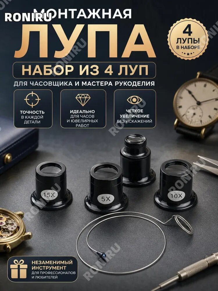 Лупа монтажная оптическая для часовщика и мастера рукоделия набор из 4 луп с увеличением для точного ремонта часов и ювелирных работ