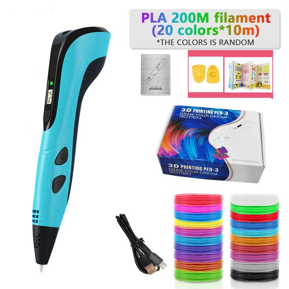 Новый 3D Печатная ручка, PLA 200M filament (20 цветов*10м), цвета случайные, с USB кабелем