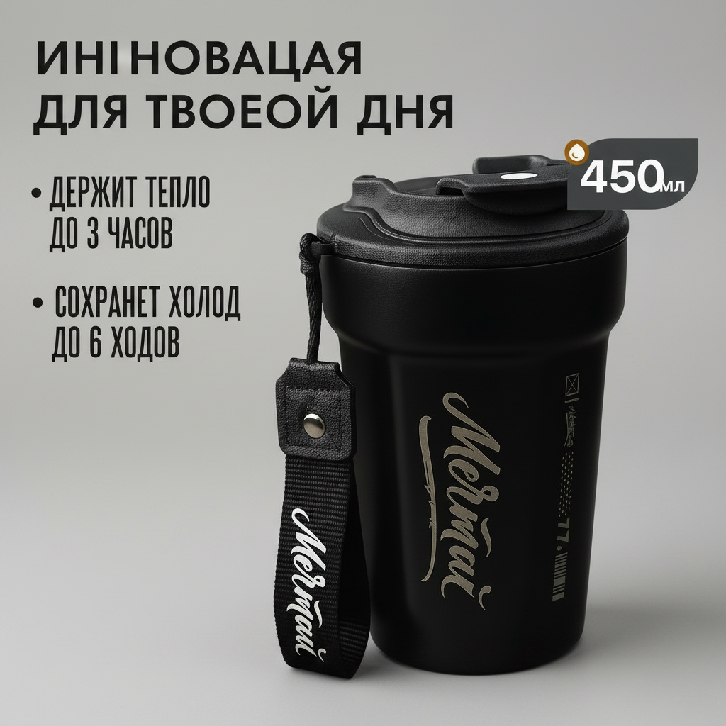 Черная термокружка 0.35 л для машины высота 17 см