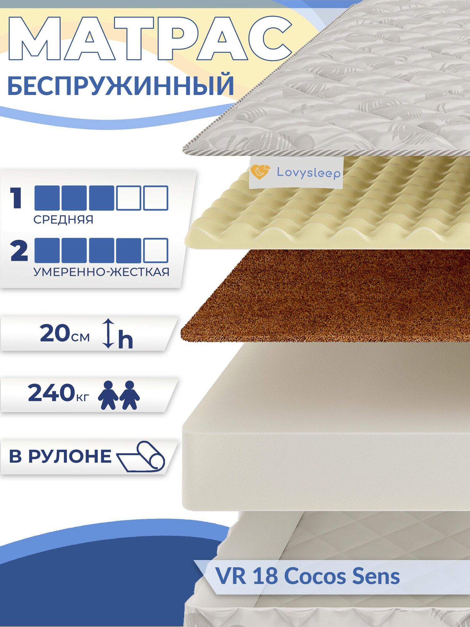 Матрас VR 18 Cocos Sens 60х200 см, беспружинный, 20,5 см, односпальный, двусторонний с разной жесткостью, в рулоне