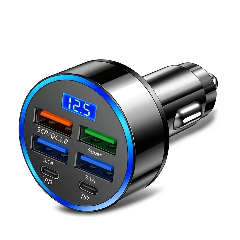 Автомобильное зарядное устройство 6-в-1, 60W, 4 порта USB-A (QC3.0) и 2 порта USB-C (PD), с цифровым дисплеем, матовый корпус