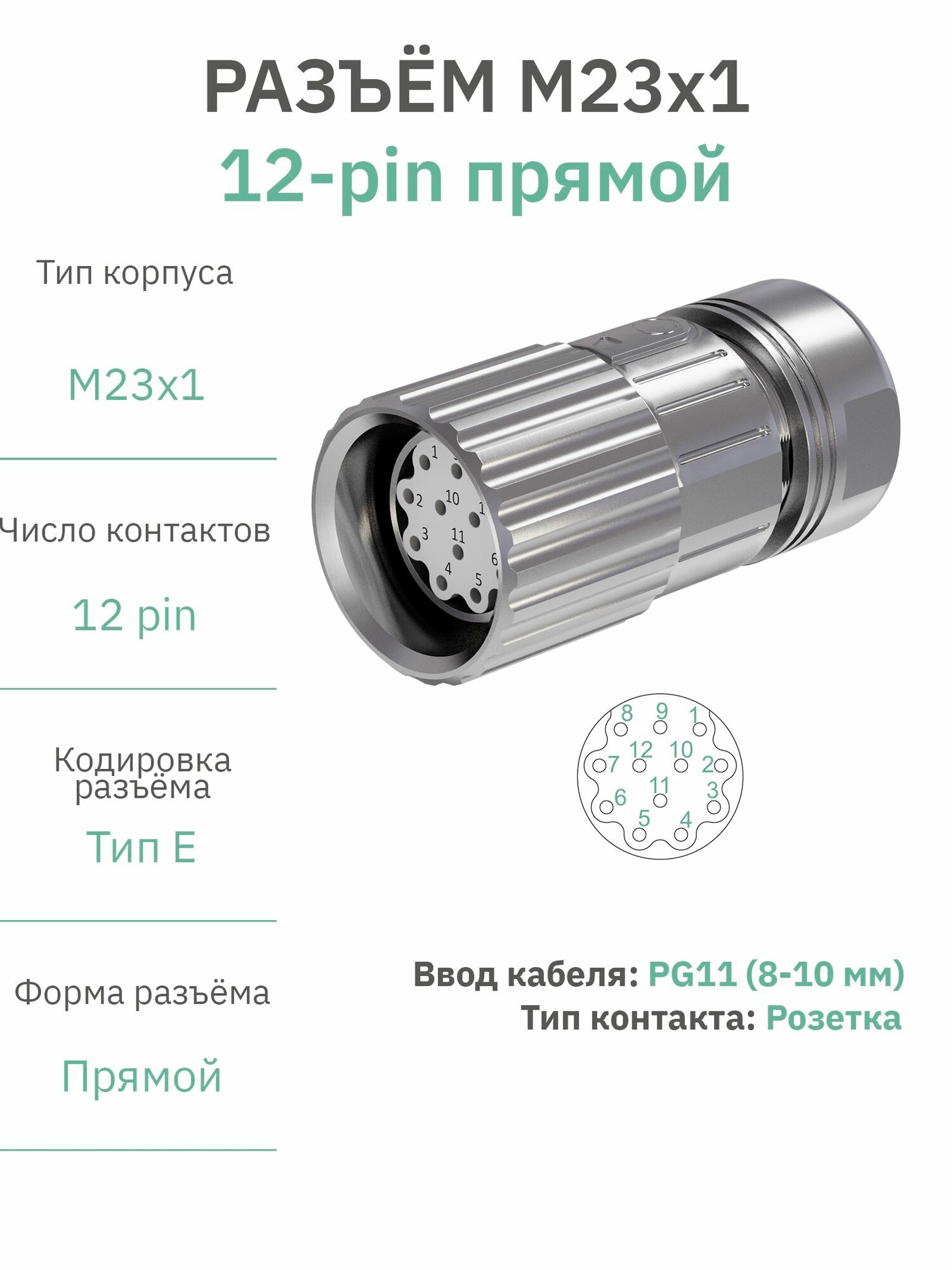 RAZM-F23-C12-CODE-E1-PG11-LT разъём M23 E-coding 12 pin прямой / розетка (мама) / PG11 (8-10 мм диаметр под кабель)