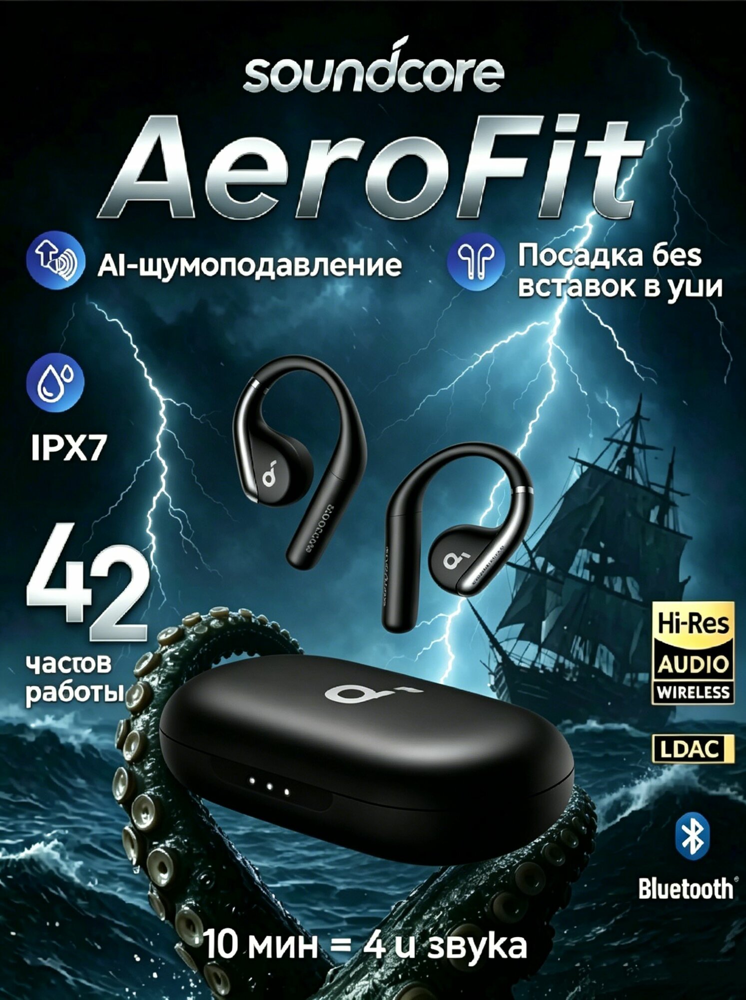 Soundcore Наушники беспроводные с микрофоном Anker Soundcore AeroFit, Bluetooth, USB Type-C, черный матовый