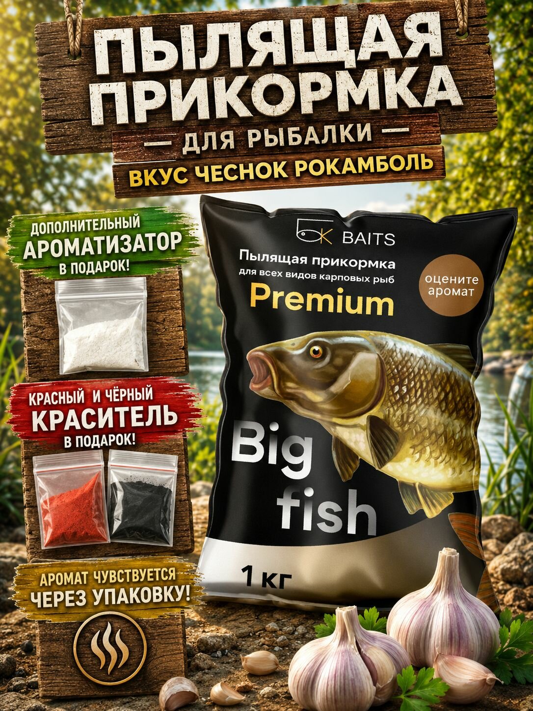 Пылящая, черная и красная, прикормка-конструктор Чеснок 1кг от БК Baits. пылящая черная красная