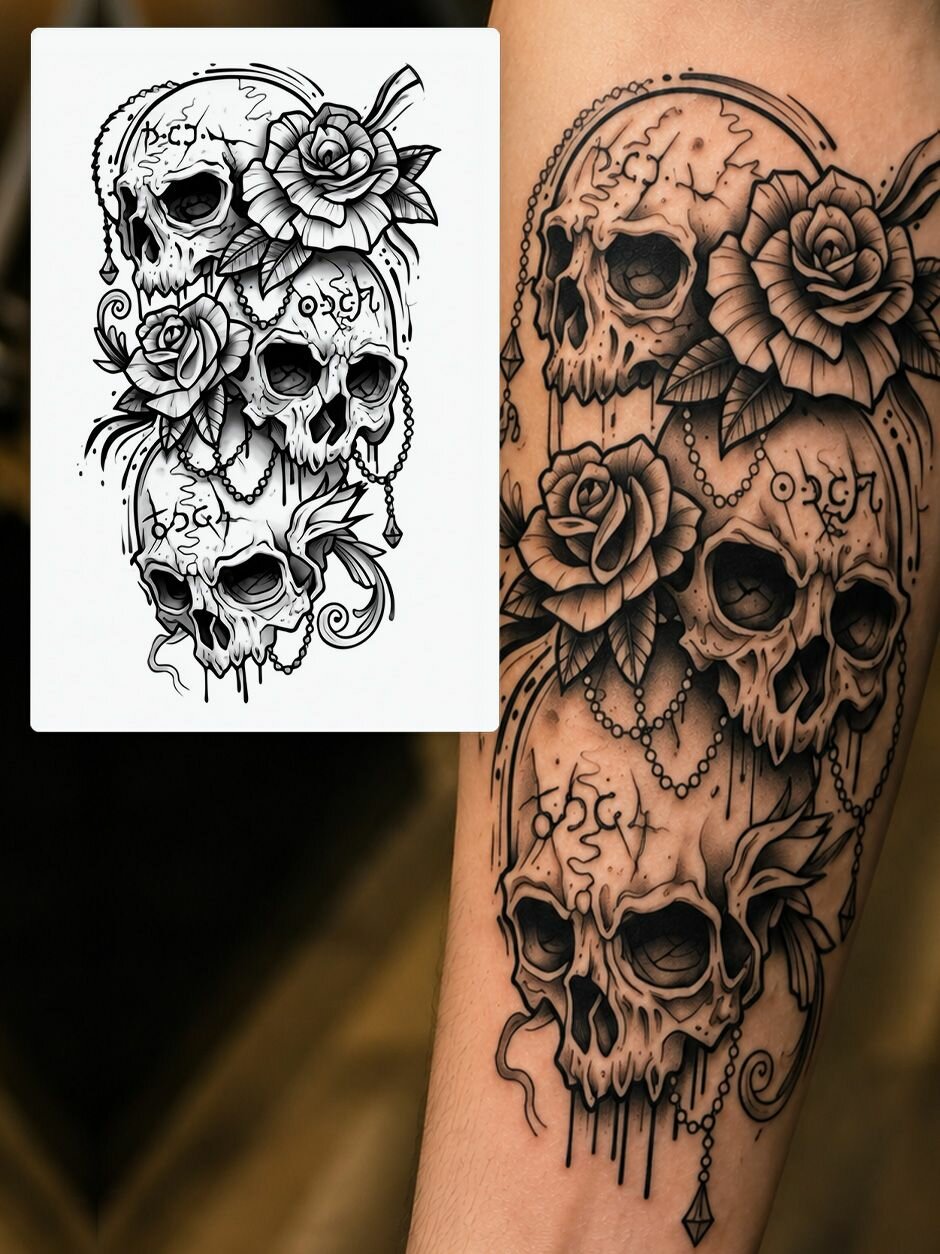 Tattoo'шки Временная тату "Череп и розы" 12*19см тату-наклейка череп роза