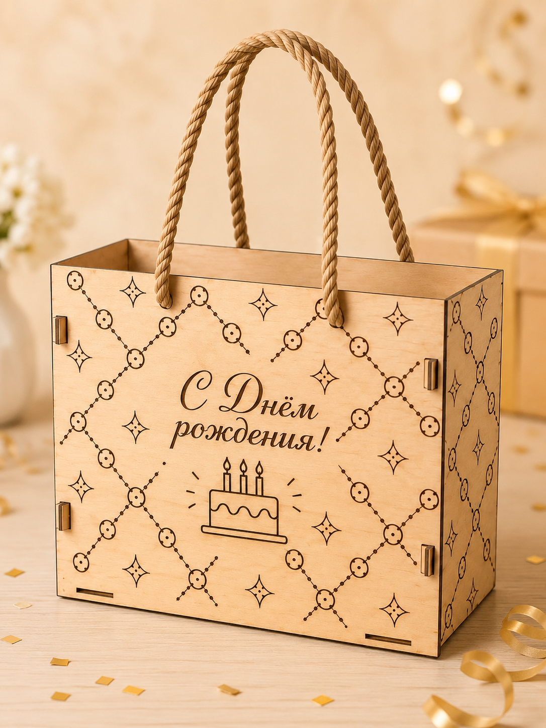 Подарочный пакет "С Днём рождения", дерево, ручная работа, 19,5x20 см