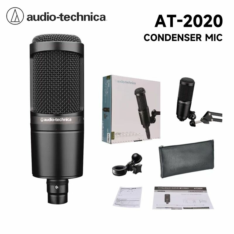 Audio-Technica AT-2020 кардиоидный конденсаторный микрофон, студийный микрофон XLR для записи вокала, подкастов, стриминга, караоке, комплектация с держателем и чехлом